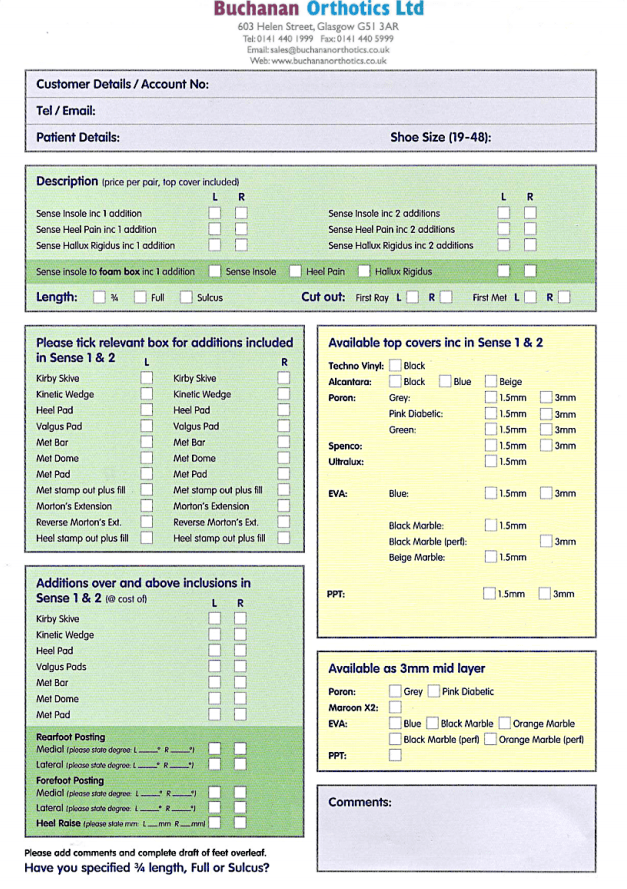 Order Forms and Charts | Buchanan Orthotics